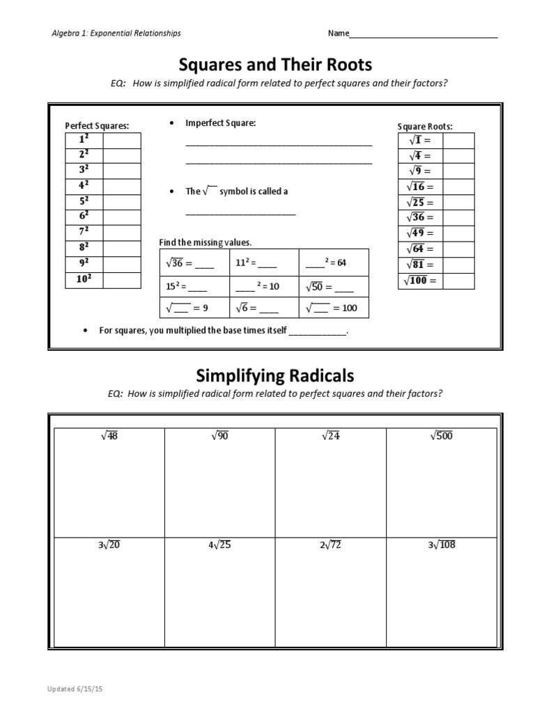 Squares and Their Roots and Simplifying Radicals Lesson | PDF ...