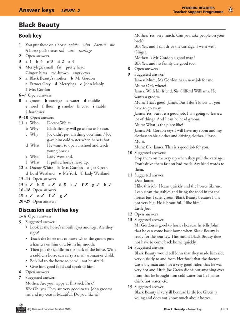 Black Beauty: Answer Keys | PDF | Black Beauty | Horses