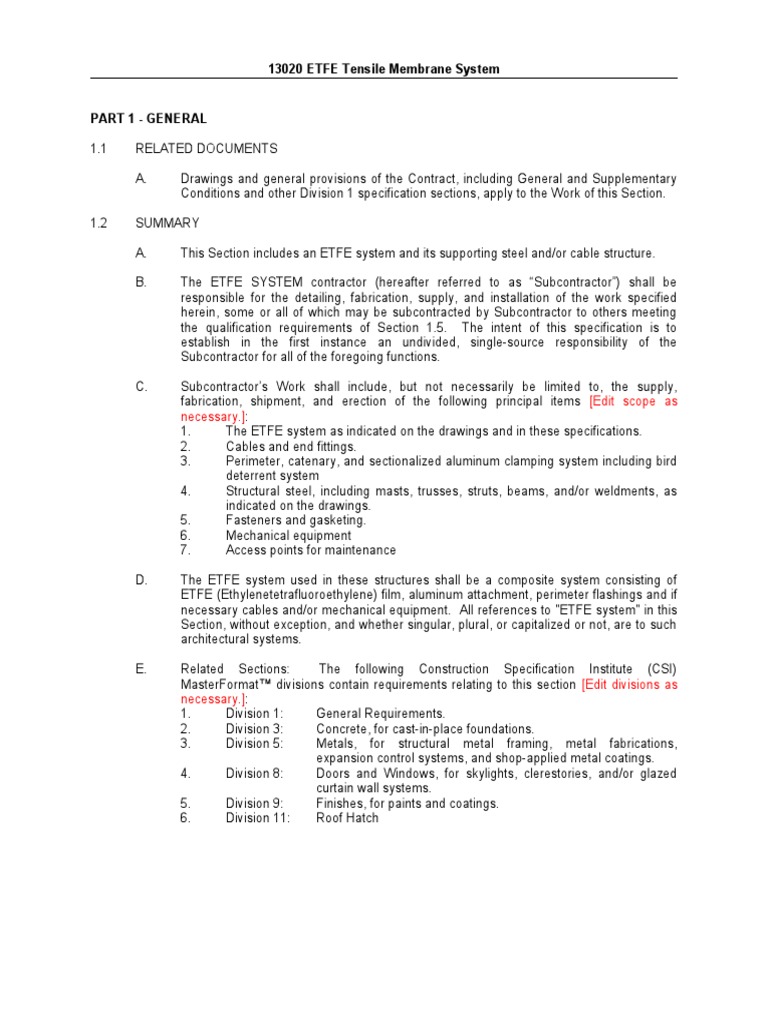 ETFE Tensile Membrane System: (Edit Scope As Necessary.) | PDF ...