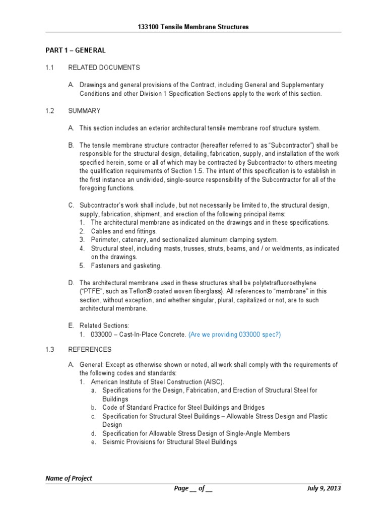 Tensile Membrane Structures: Name of Project Page - of - July 9, 2013 ...