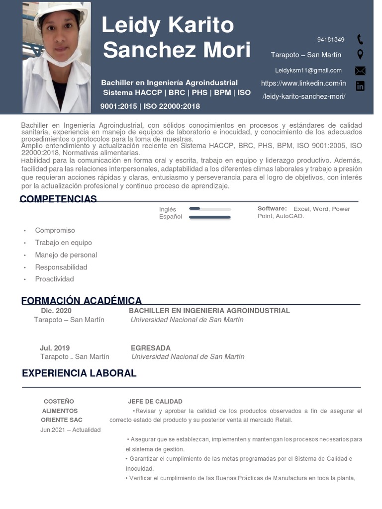 CV - Leidy - Karito - Sanchez - Mori Ac | PDF | Calidad (comercial ...
