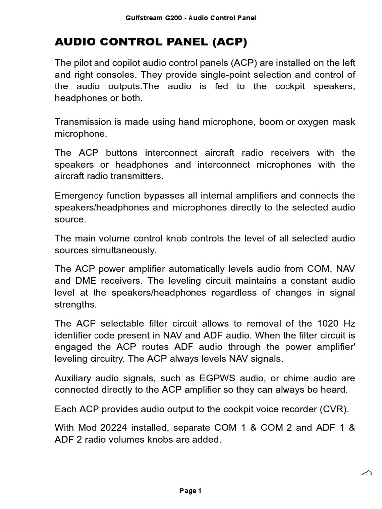 Gulfstream G200 - Audio Control Panel | PDF