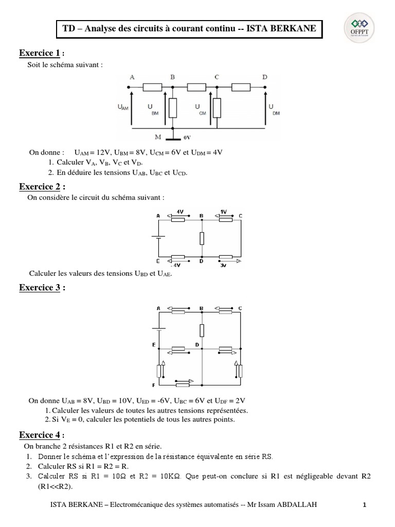 TD - Analyse Des Circuits À Courant Continu - ISTA BERKANE | PDF | Résistance (composant ...