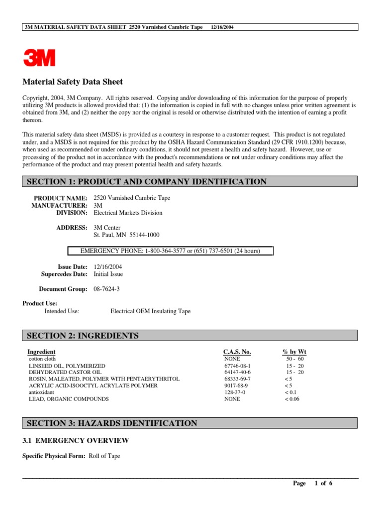 3M MATERIAL SAFETY DATA SHEET 2520 Varnished Cambric Tape | Download ...