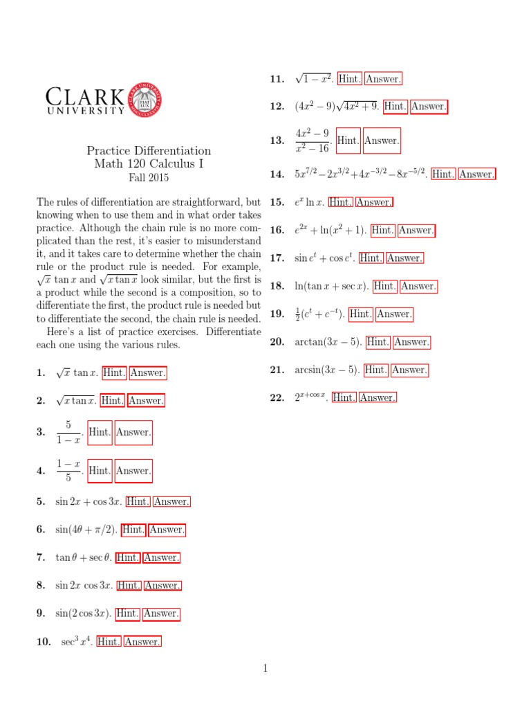Practice Differentiation Problems | PDF | Mathematical Concepts | Sine