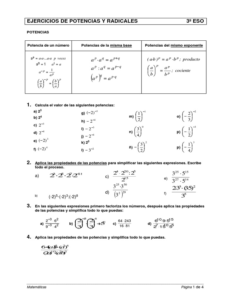 Potencias Raíces y Radicales 3º ESO 1 | PDF | Exponenciación | Matemáticas
