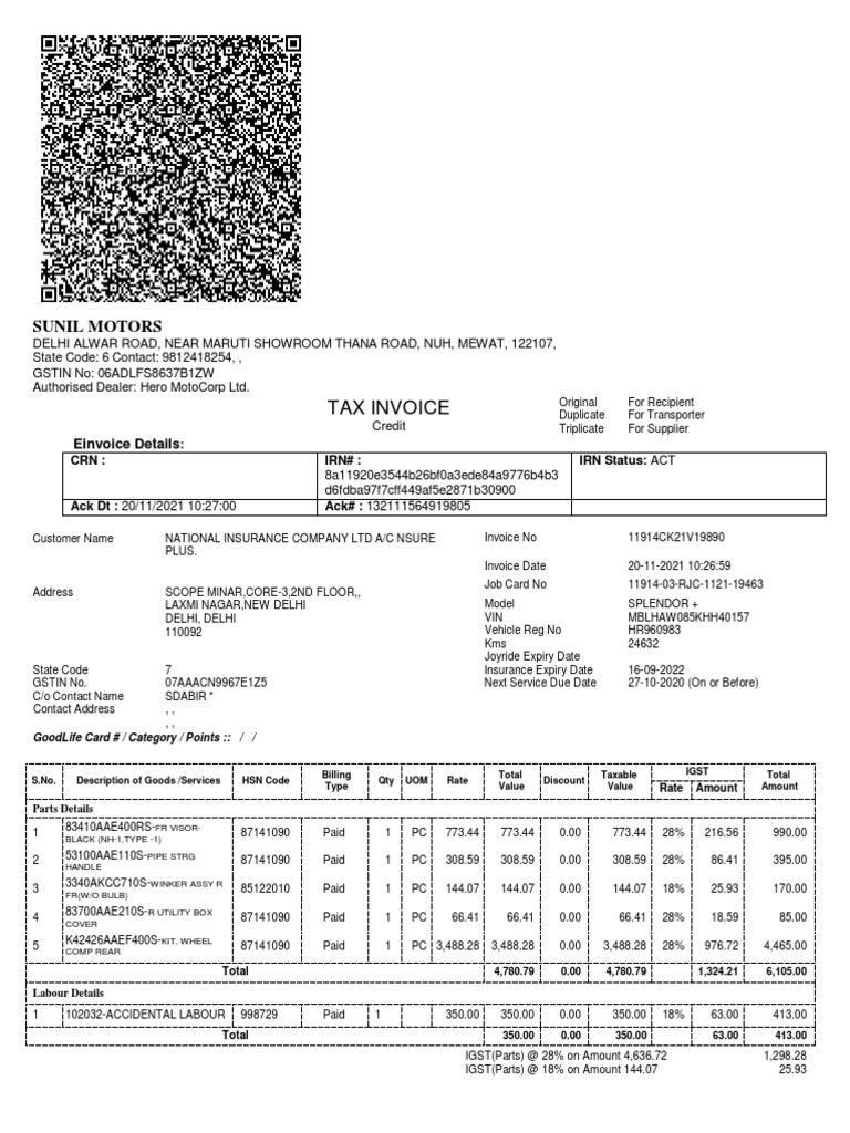 Tax Invoice: Sunil Motors | PDF | Invoice | Economies