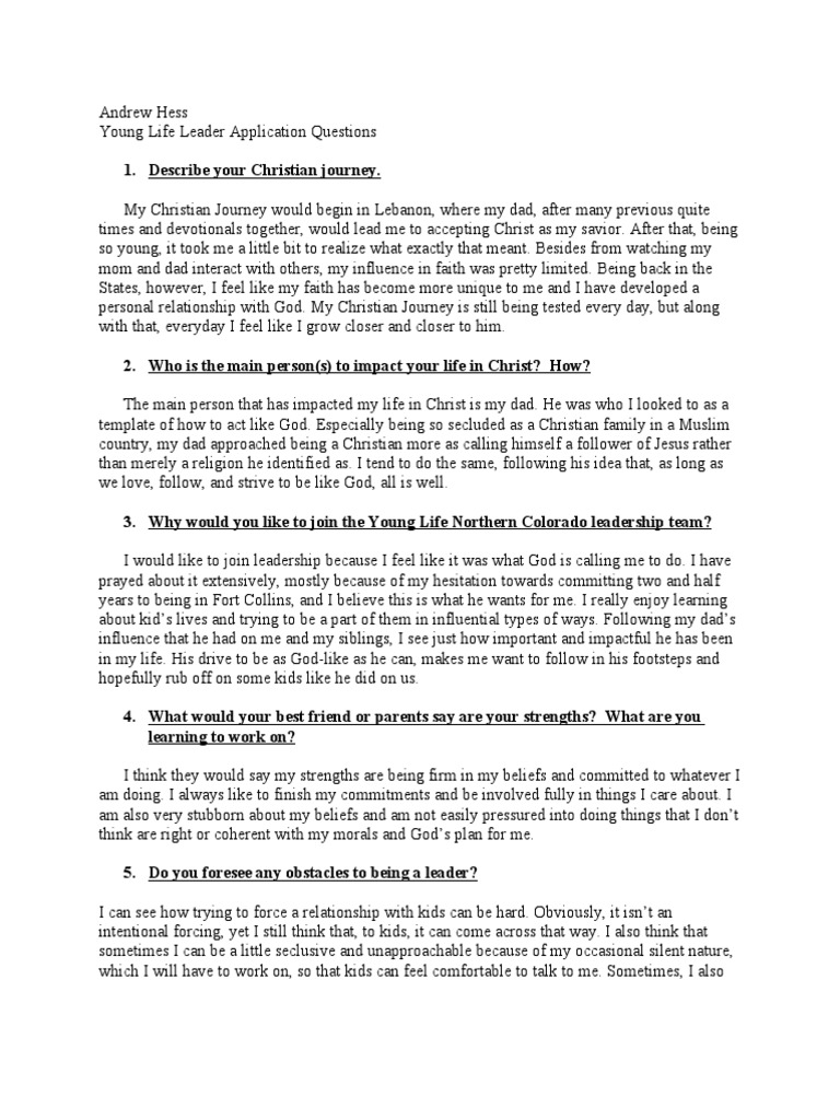 Young Life Leader Application Questions | PDF | Jesus | Faith