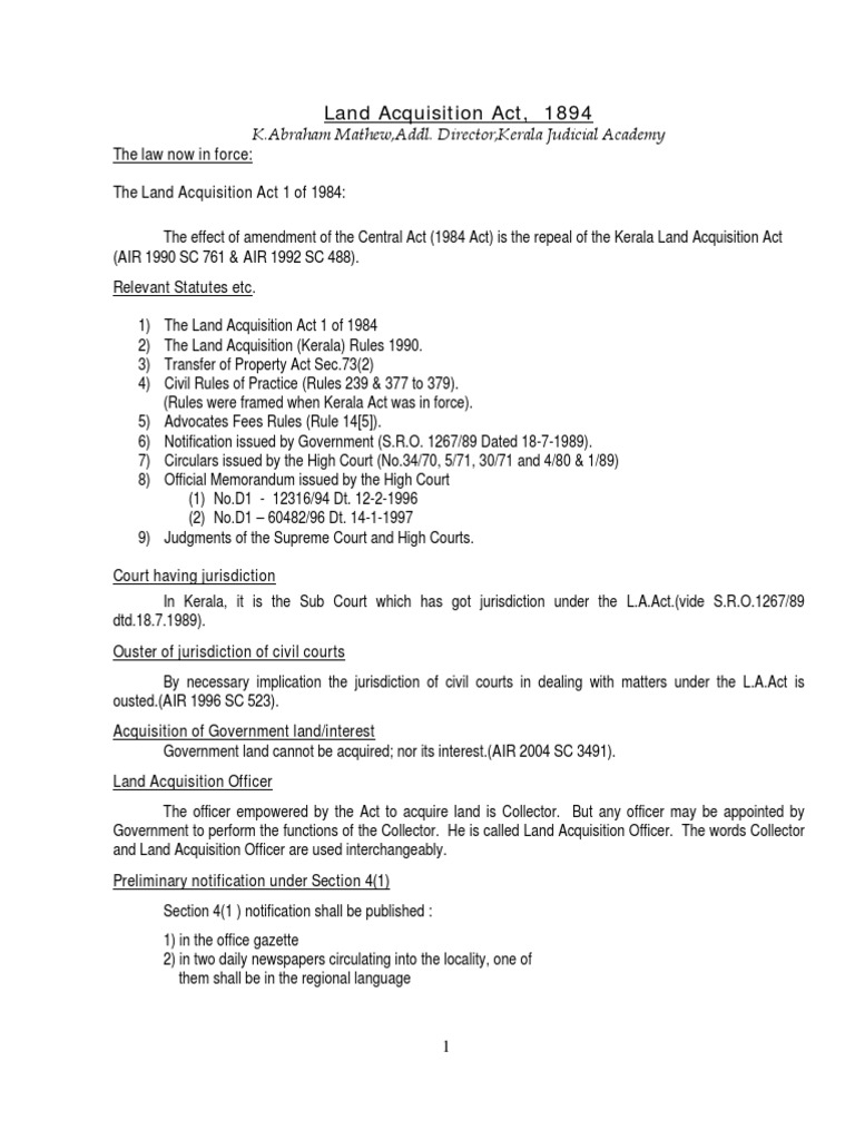 Land Acquisition Act 1894 Easement Judgment Law