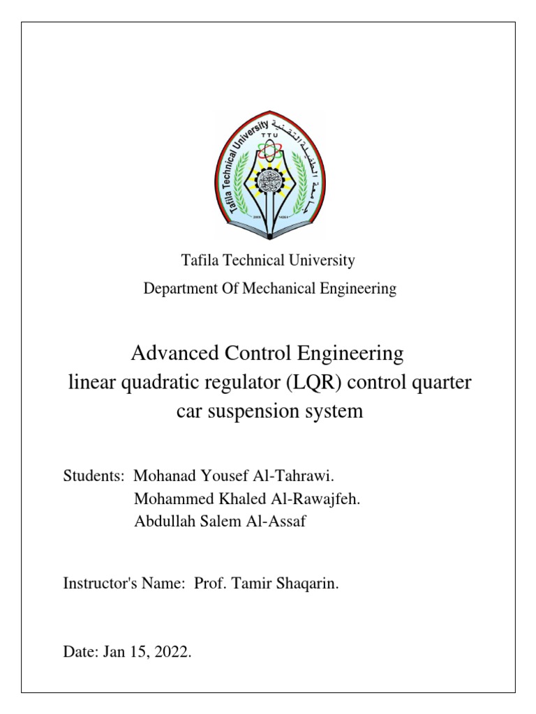 Linear Quadratic Regulator (LQR) Control Quarter Car Suspension System ...