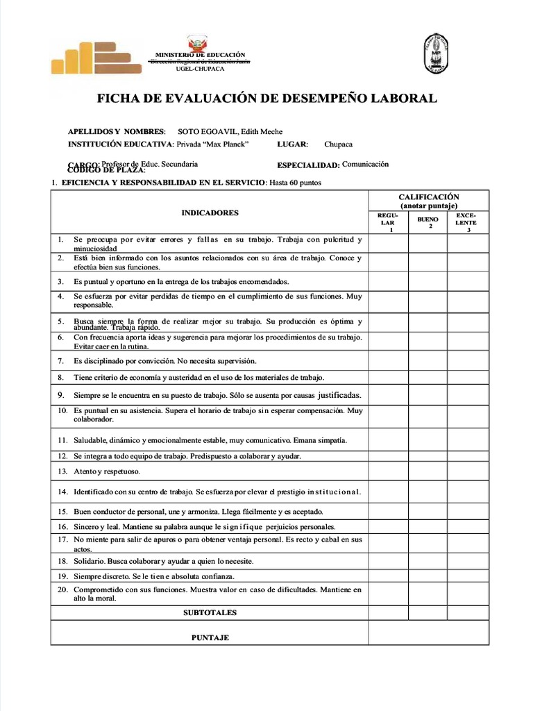 PDF Ficha de Evaluacion de Desempeo Laboral Bel Personal Docente Compress | PDF