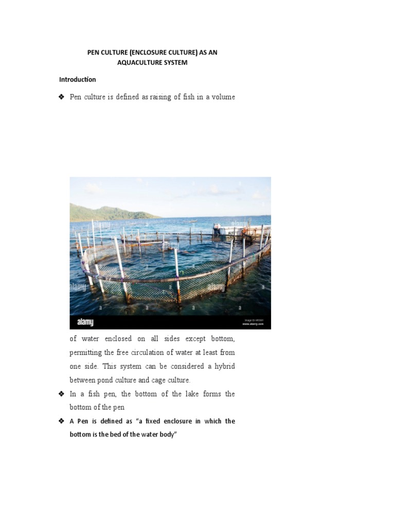 Pen Culture (Enclosure Culture) As An Aquaculture System | PDF | Water ...