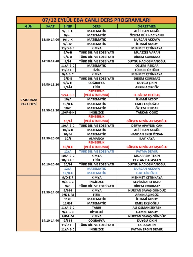12 EYLUL EBA Canly Ders Haftalyk Programy1 | PDF