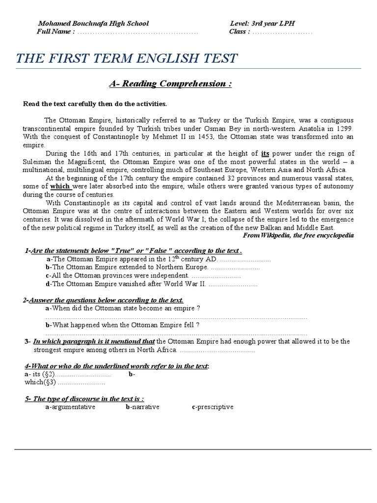 The First Term English Test: A-Reading Comprehension | PDF | Ottoman ...