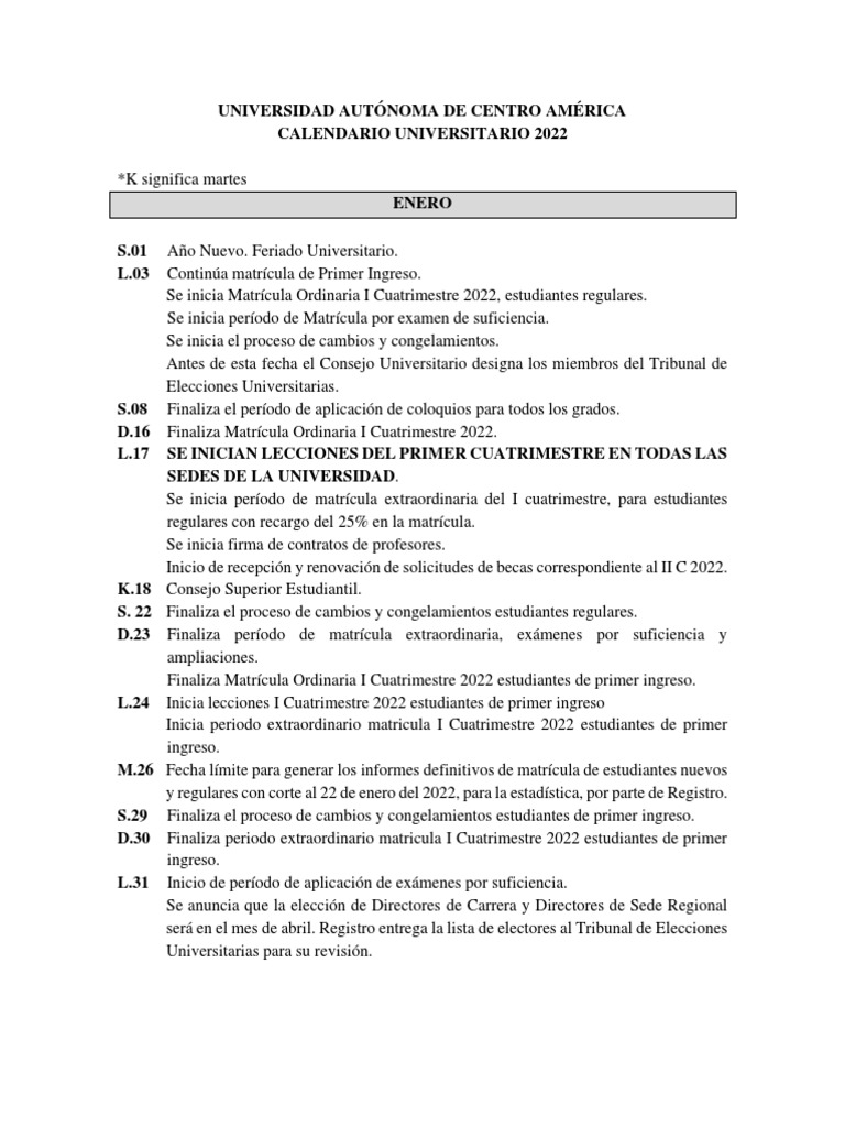Calendario UACA 2022 General - Rectoría | PDF | Licenciatura | Presupuesto