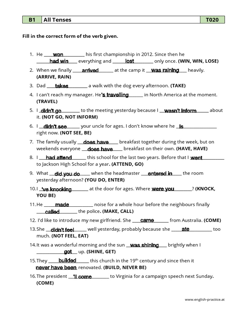 B1 All Tenses Exercise Worksheet | PDF