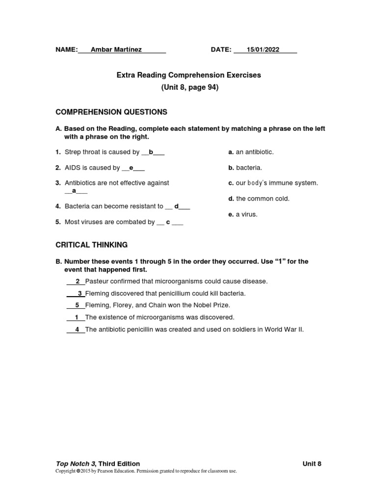Extra Reading Comprehension Exercises (Unit 8, Page 94) : Top Notch 3 ...