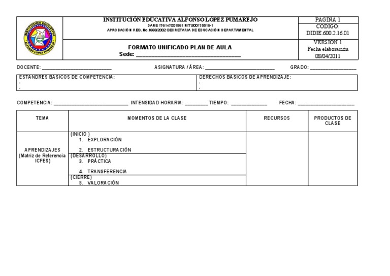 Formato Plan de Aula Alp 20171 | PDF