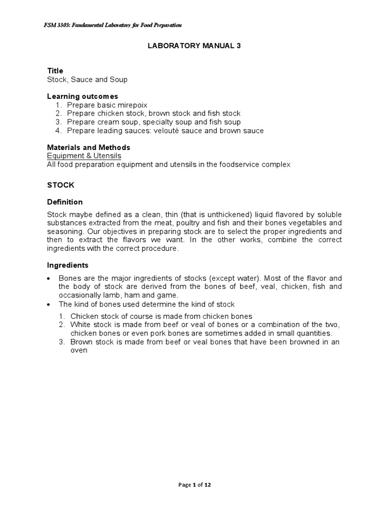 Lab Manual 3 Stock Sauce and Soup | PDF | Soup | Stock (Food)