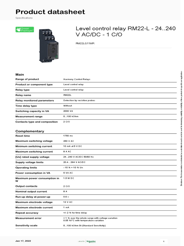 Product Datasheet: Level Control Relay RM22-L - 24..240 V Ac/Dc - 1 C/O ...