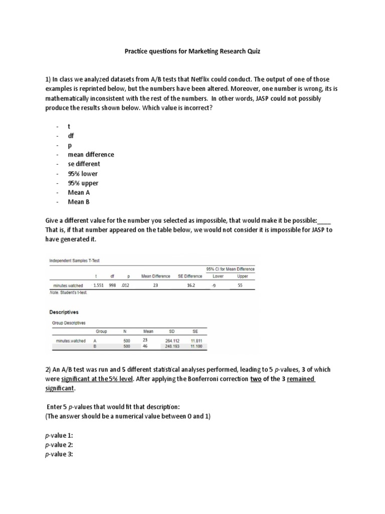Sample Questions For Quiz in Marketing Research 2021 | PDF