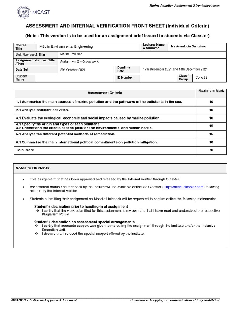 Marine Pollution Assignment 2 Inc. Front Sheet | PDF | Pollution ...