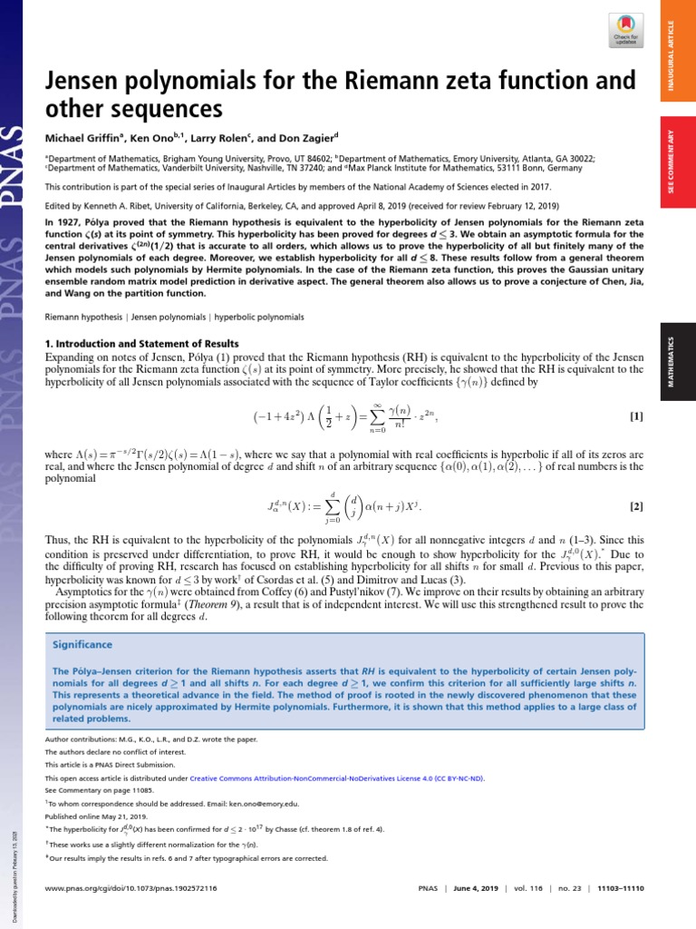 Jensen Polynomials For The Riemann Zeta Function and Other Sequences | PDF | Mathematics | Analysis