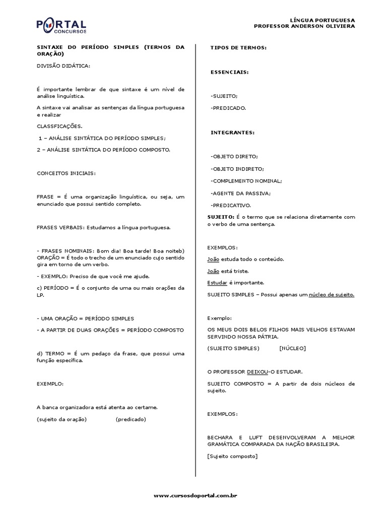 Aula 04 - Sintaxe Do Período Simples I | PDF | Assunto (gramática ...
