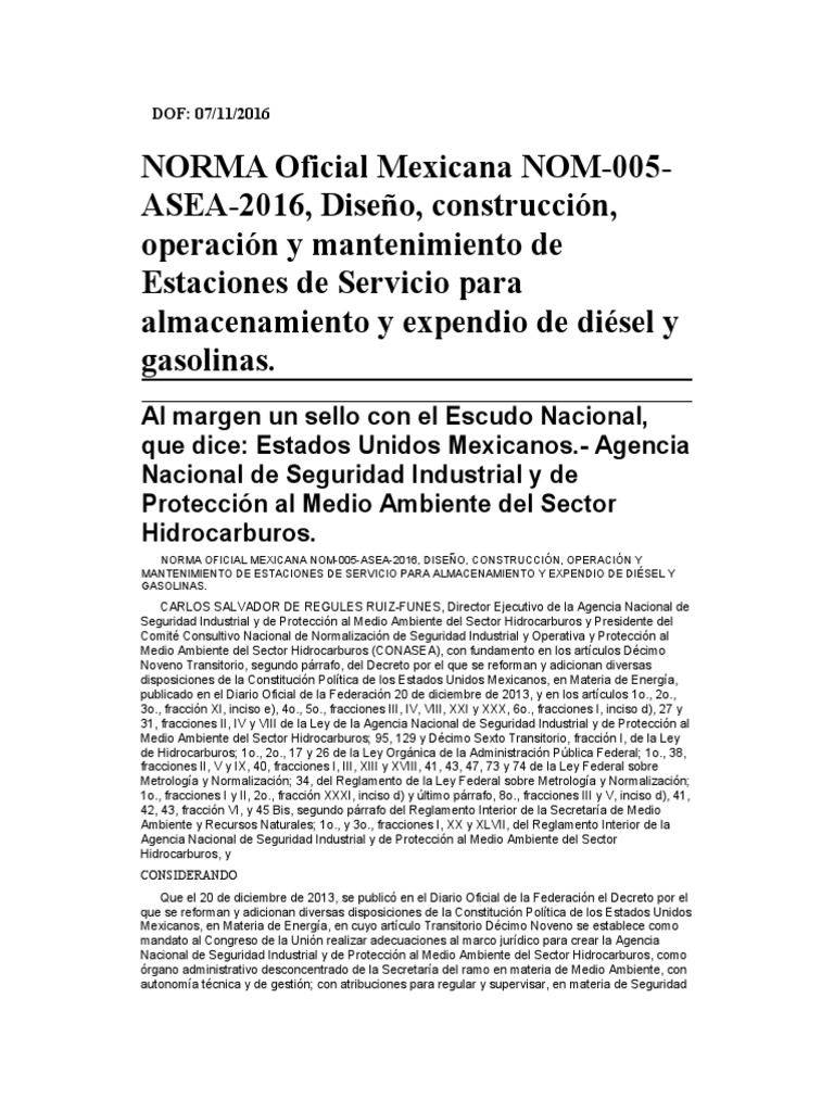 NOM-005-ASEA-2016, Diseño, Construcción, Operación y Mantenimiento de Estaciones de Servicio ...