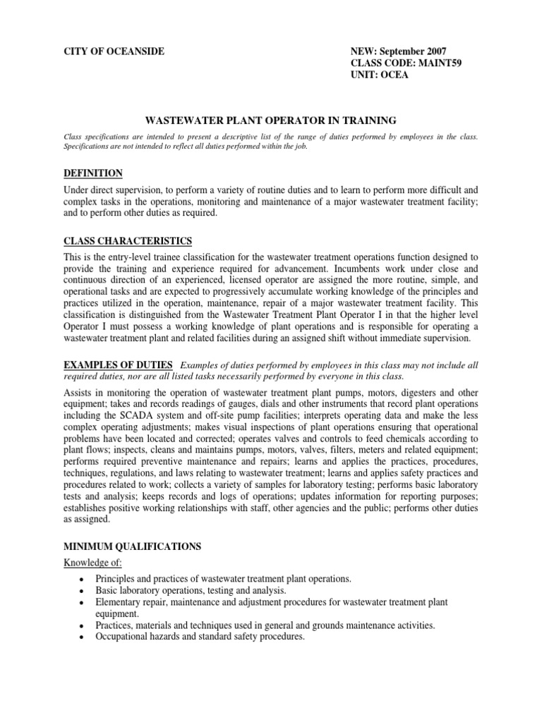 Wastewater Plant Operator Trainee Role | PDF | Laboratories | Wastewater