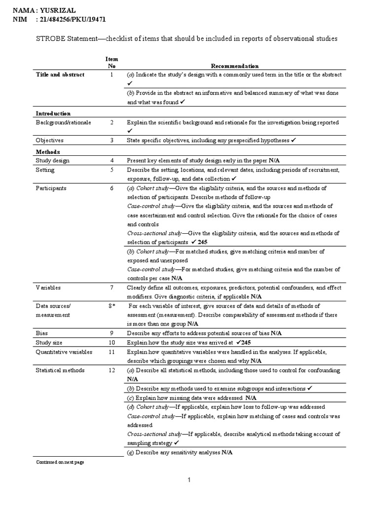 STROBE Statement-Checklist of Items That Should Be Included in Reports of Observational Studies ...
