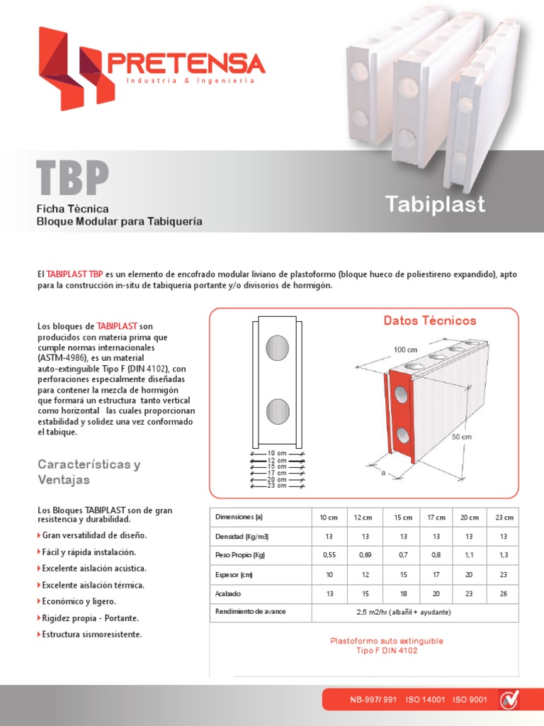 08-Ficha Tecnica Tabiplast TBP Pretensa 2021 | PDF | Aislamiento térmico | Ingeniería de Edificación