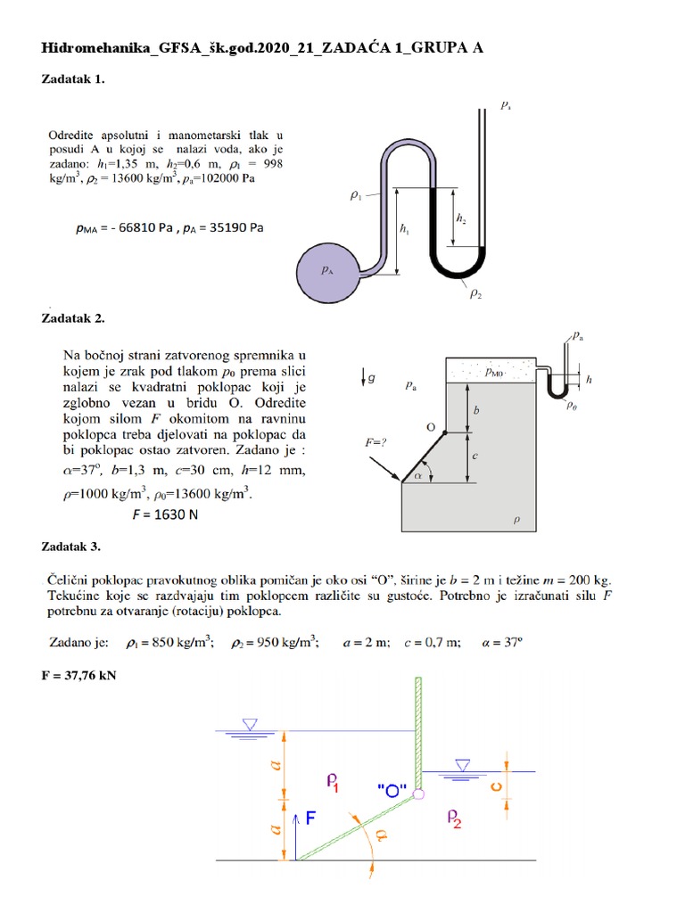 Hidromehanika - Zadaca - 1 - A - B - C - D - E - Studenti - GFSA - 2020 - 21 | PDF