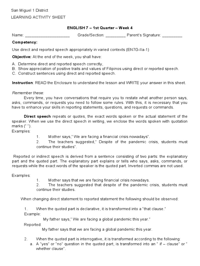 LAS-English-7-Quarter-1-Week-4 Final | PDF | English Language | Verb