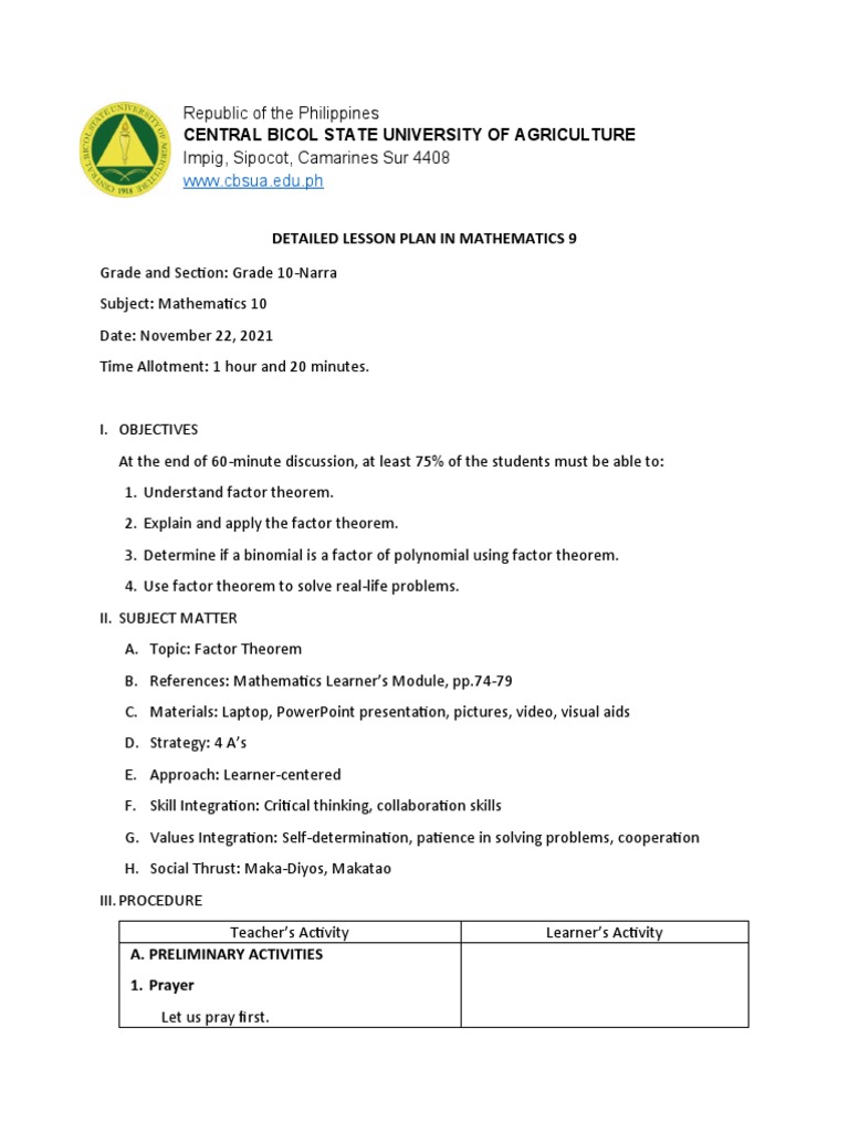 Lesson Plan Factor Theorem Pdf Factorization Polynomial 3974