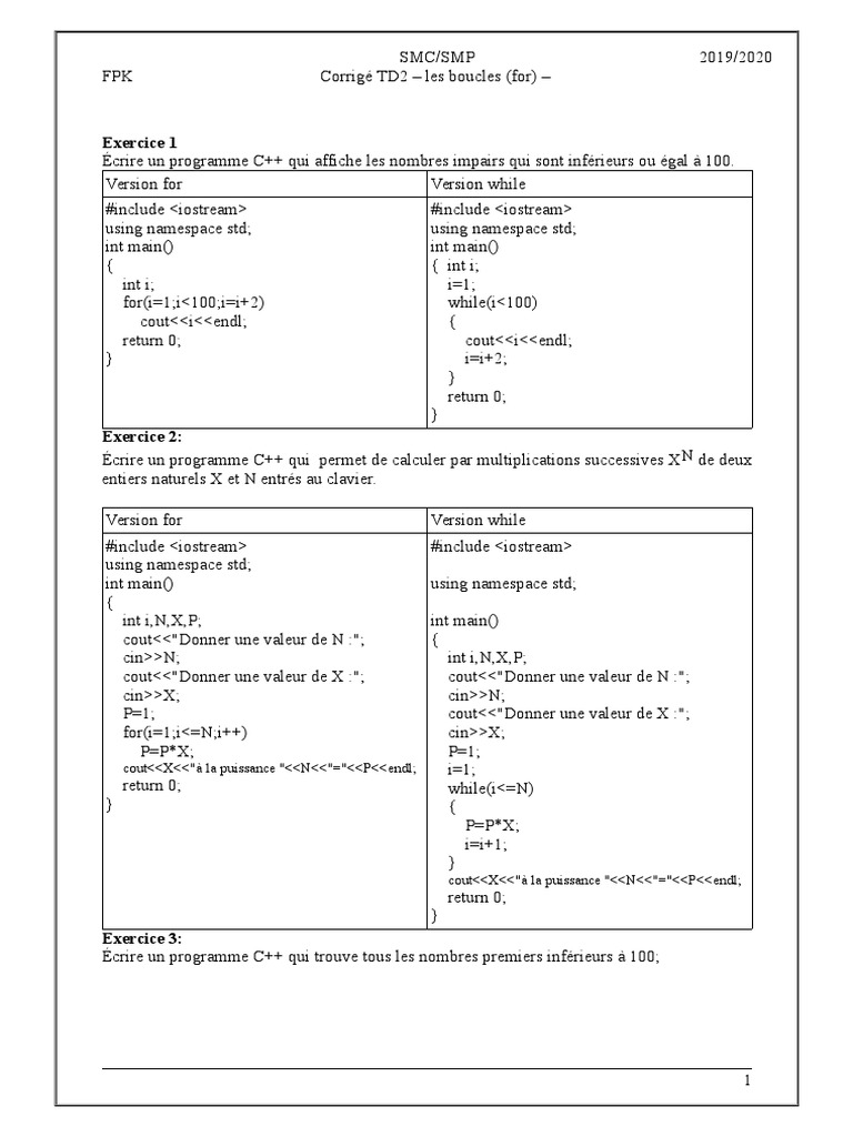 Corrigé TD2 Boucles For 2020 | PDF | C ++ | Ingénierie informatique