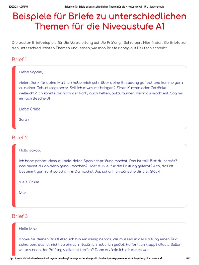Beispiele Für Briefe Zu Unterschiedlichen Themen Für Die Niveaustufe A1 - IFU Sprachschule | PDF