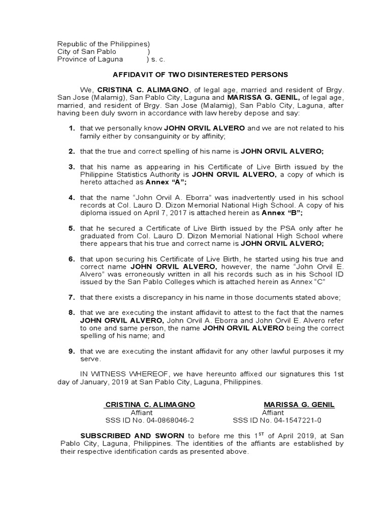 Affidavit of 2 Disinterested Parties - Alvero | PDF | Affidavit ...