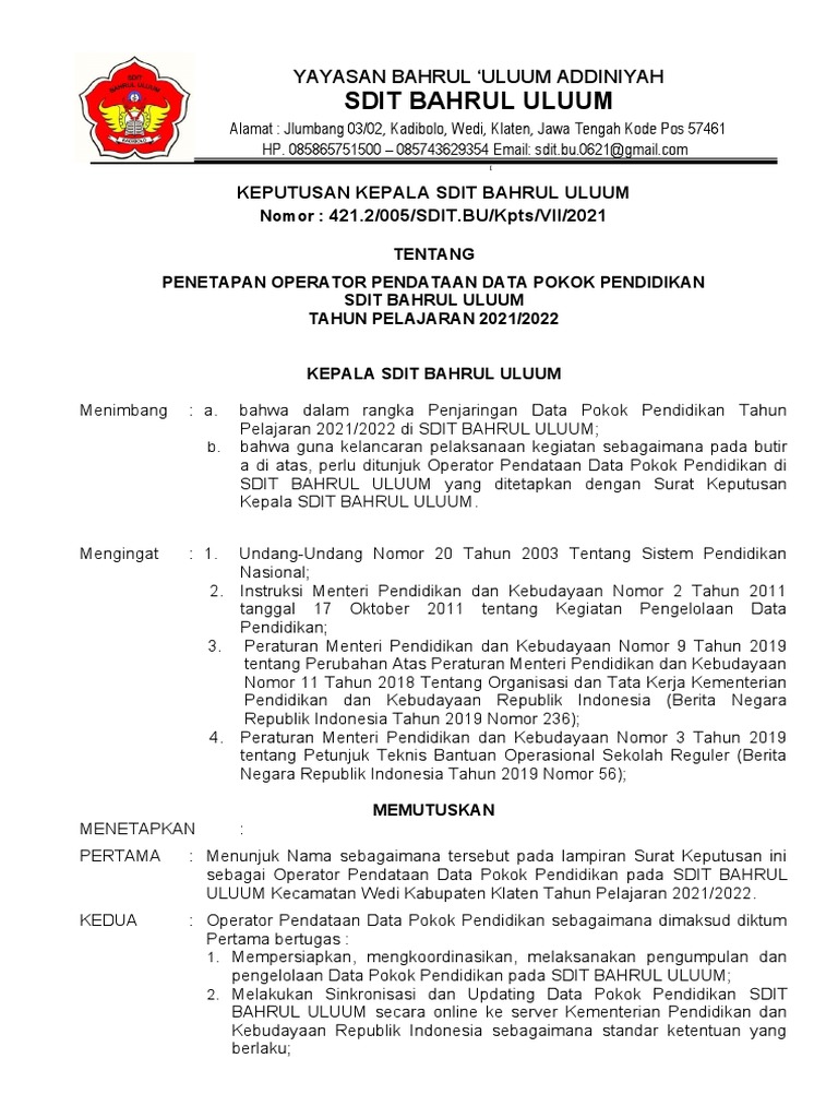 SK Operator Dapodik 2021 2022 | PDF