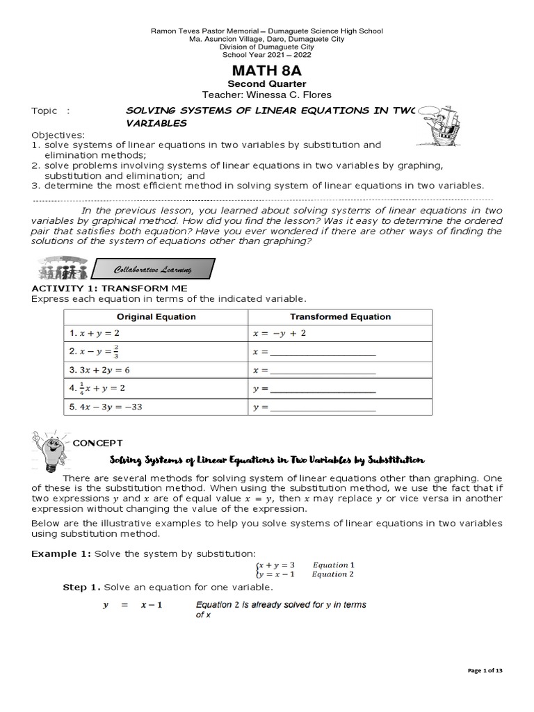 Q2 - W7 - 8 - Solving Systems of Linear Equations | PDF | Equations ...