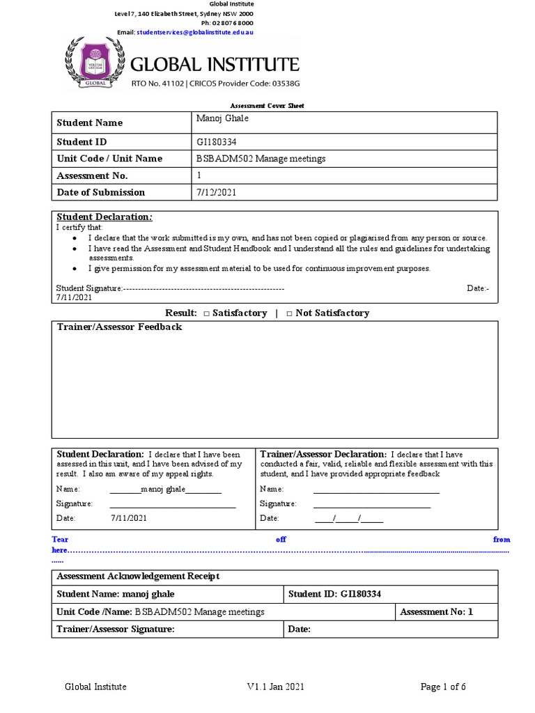 Student Name Student ID Unit Code / Unit Name Assessment No. Date of Submission Student ...