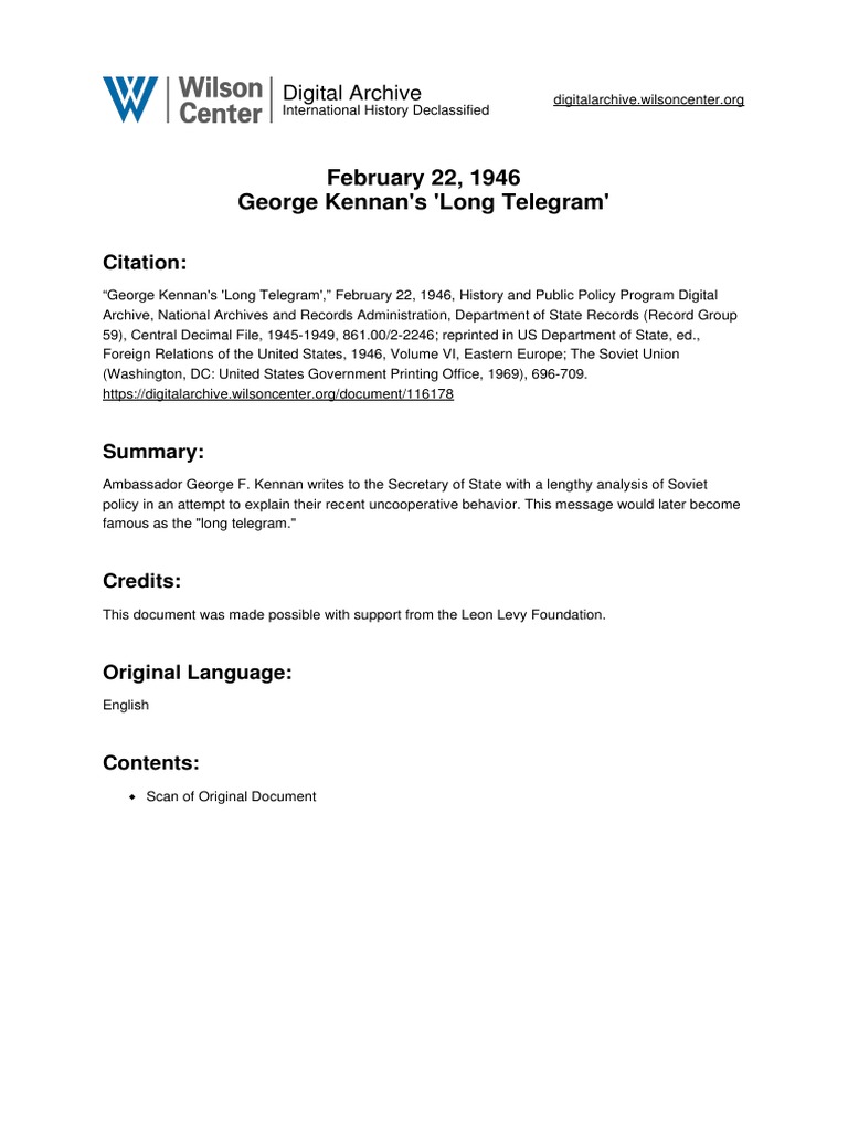Cold War Insights: Kennan's Telegram | PDF