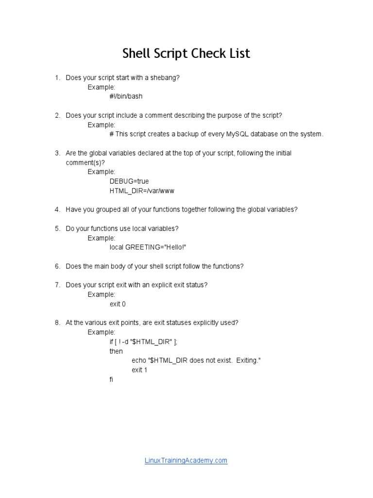Shell Script Check List and Template | PDF