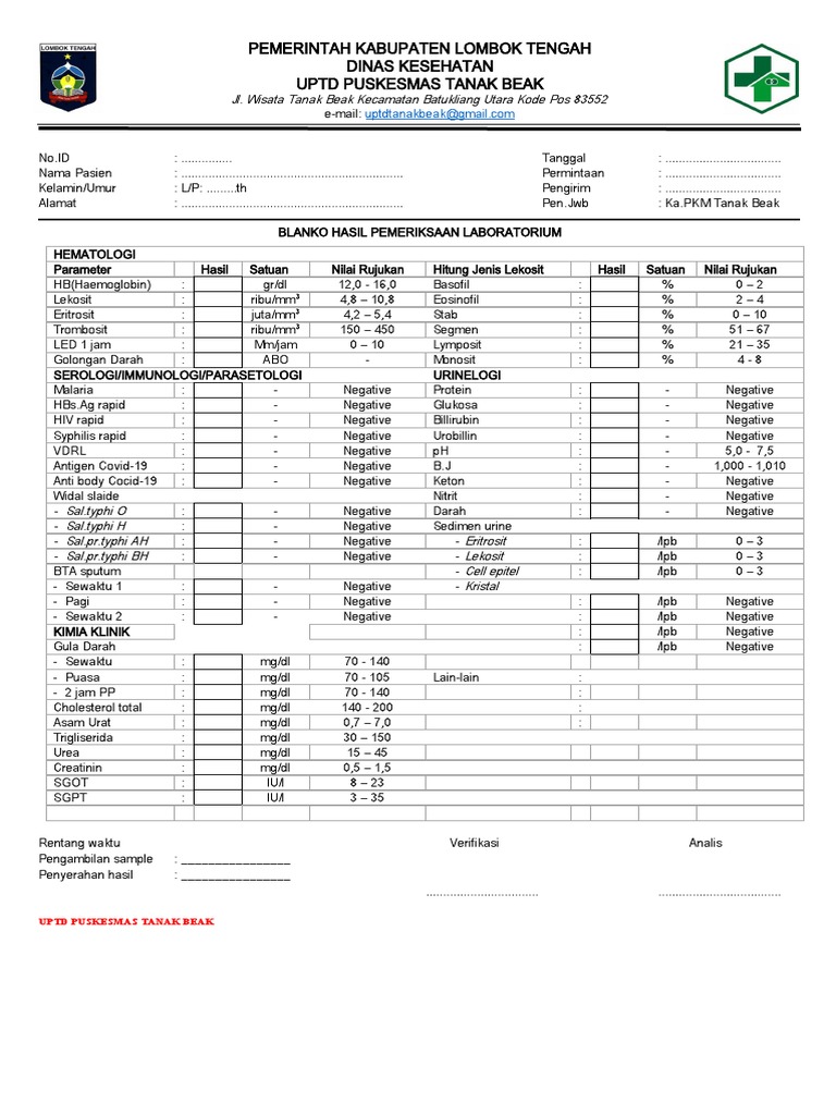 BLANKO HASIL LAB (Repaired) | PDF | Clinical Medicine | Medical Specialties