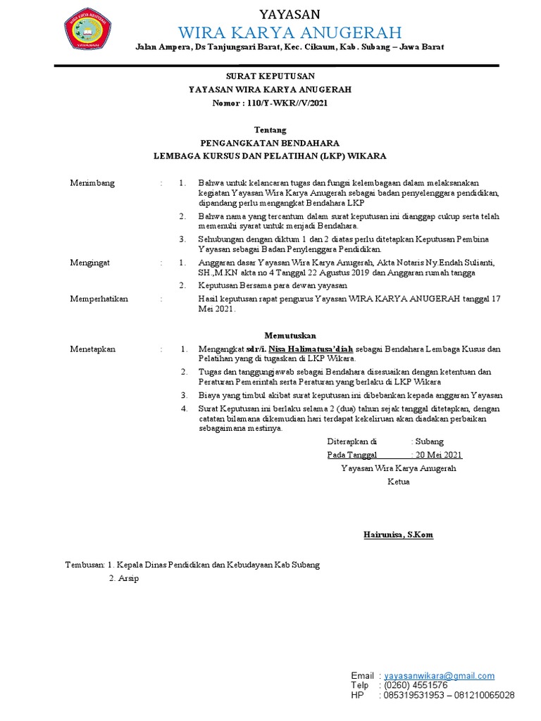 SK Pengangkatan Bendahara LKP | PDF