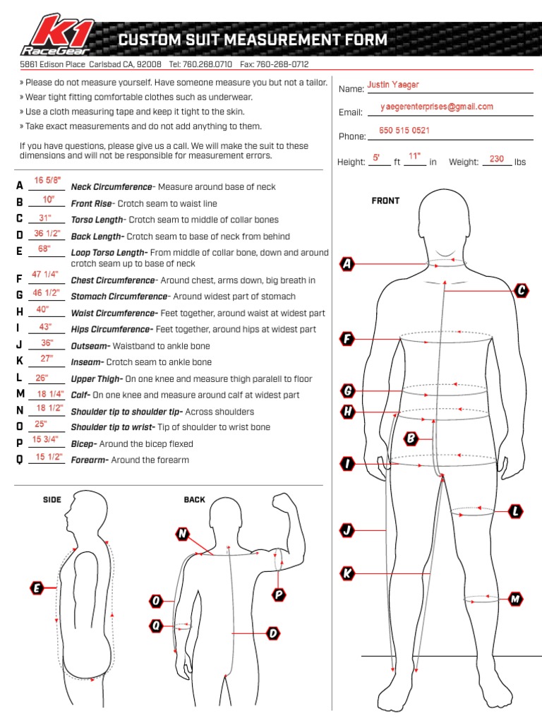 Custom Suit Measurement Form: A B C D E F G H I J K L M N O P Q | PDF ...