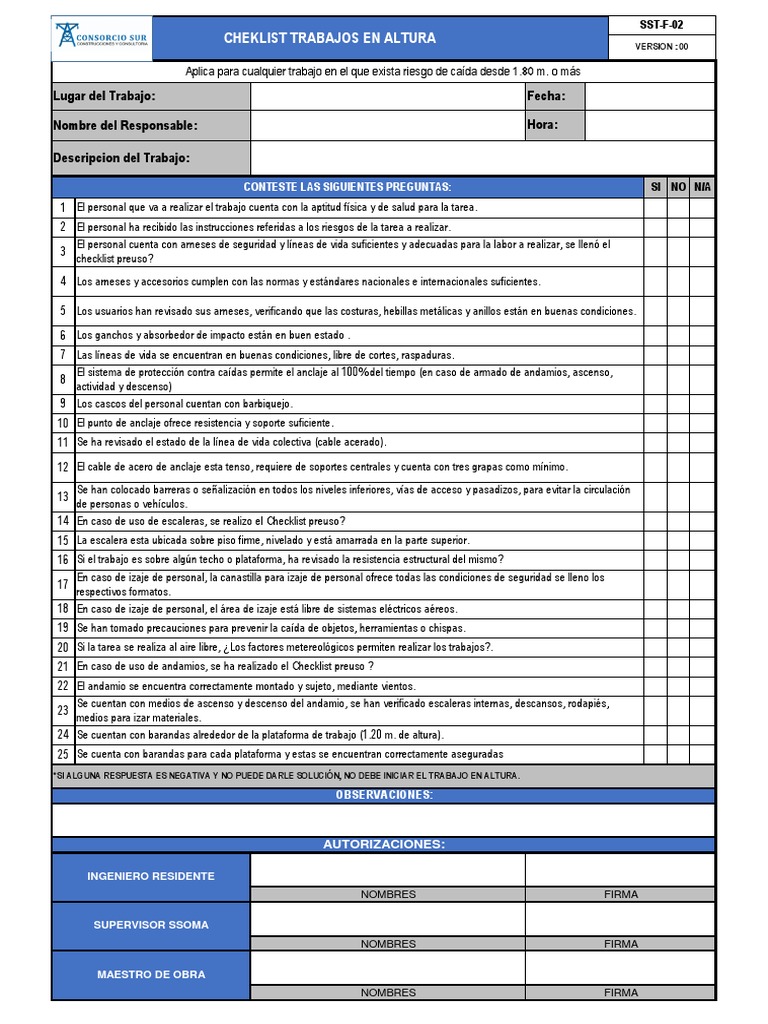 Checklist de Seguridad para Trabajos en Altura | PDF | Andamio