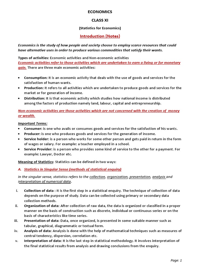 11 Economics Statistics For Economics Introduction Notes and Video ...