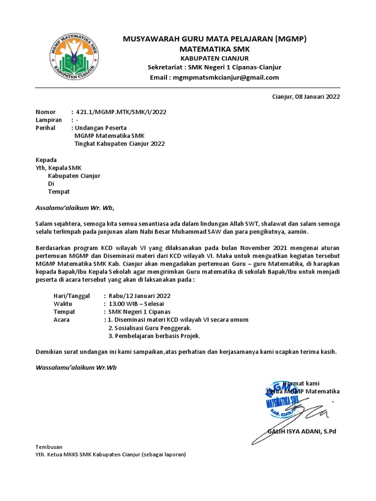 Surat Undangan MGMP 2022 | PDF