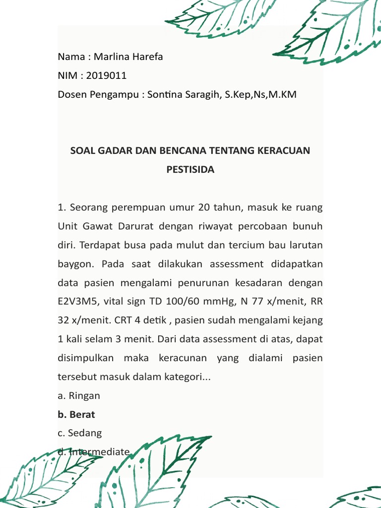 Marlina Harefa Soal Ukom Gadar Dan Bencana Tentang Keracunan Pestisida | PDF